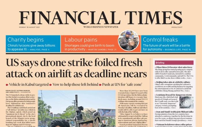 Front Page Views: The Financial Times – Aug 30 | Boomers Daily
