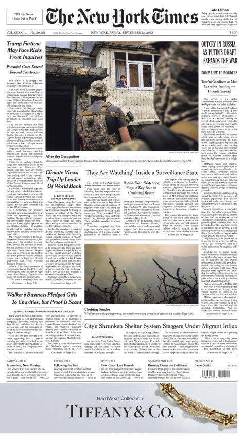 Front Page: The New York Times – September 23, 2022 | Boomers Daily