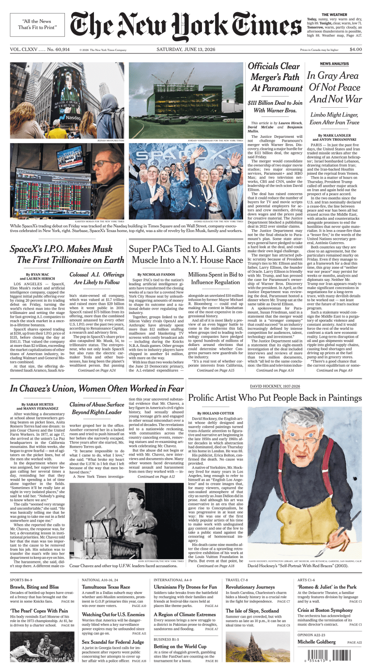 THE NEW YORK TIMES – SATURDAY, JUNE 13, 2026 | Boomers Daily